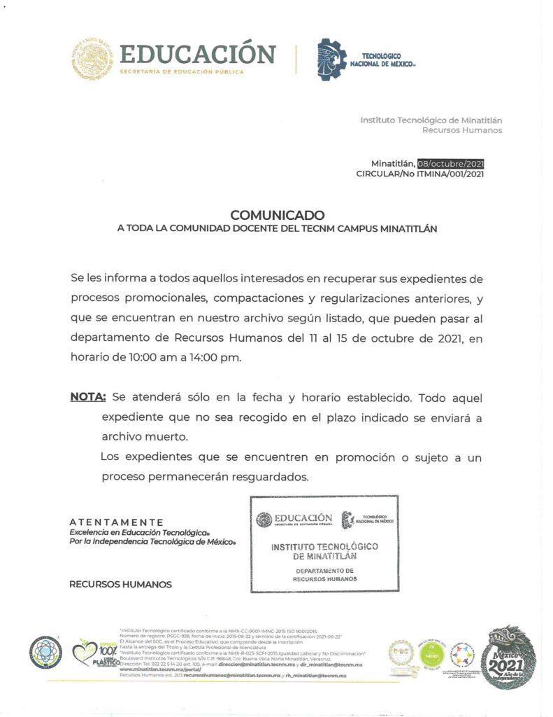 COMUNICADO: RECURSOS HUMANOS – TecNM | Instituto Tecnológico de Minatitlán