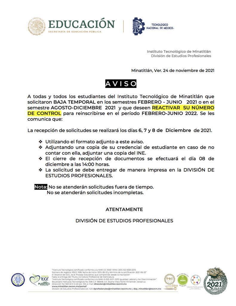 AVISO: REACTIVACIÓN DE NÚMERO DE CONTROL – TecNM | Instituto ...