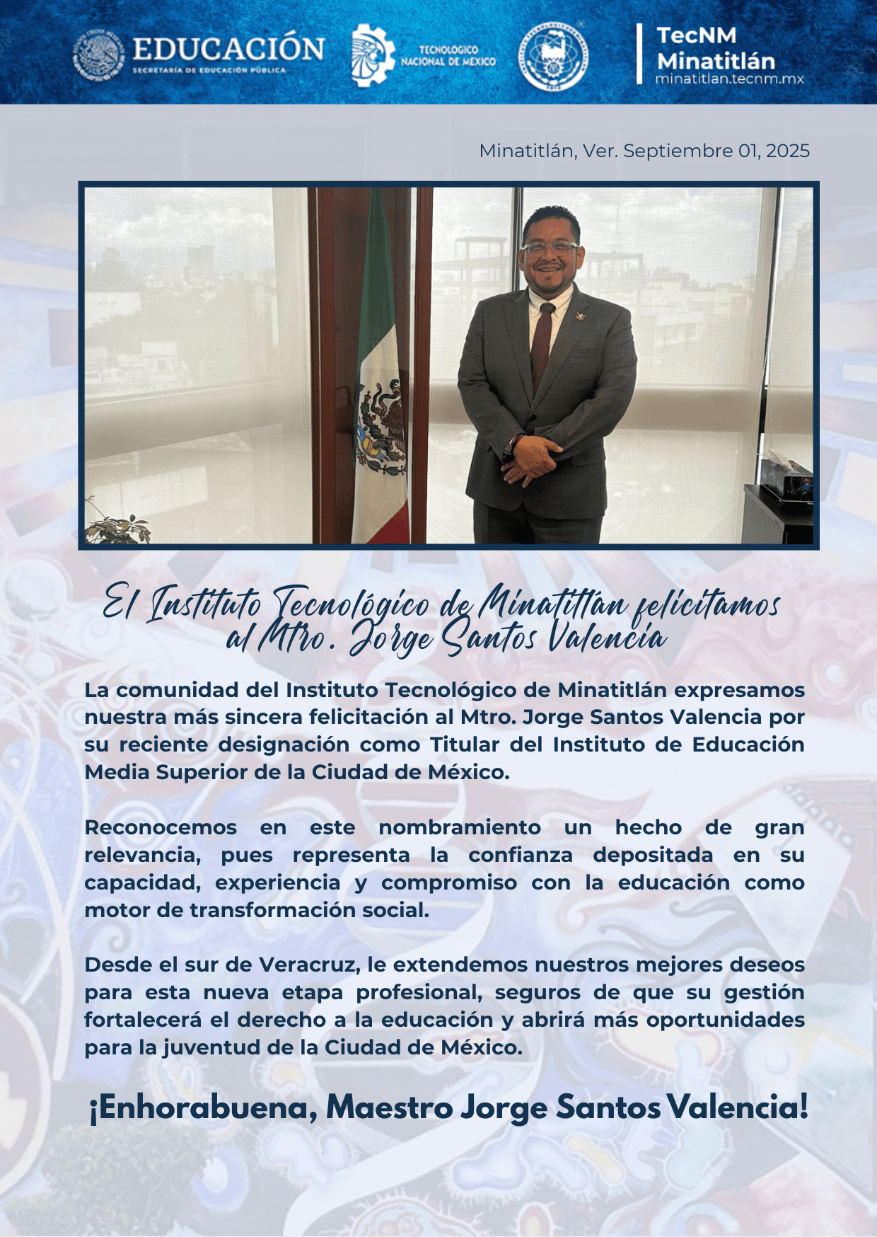 ¡FELICITACIÓN AL MTRO. JORGE SANTOS VALENCIA! – TecNM | Instituto Tecnológico de Minatitlán